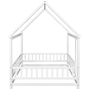 Harper & Bright Designs Full Size Floor Bed for Kids, Wood House Bed with Guardrails, Montessori Design, House-Shaped Roof, for Kids, Boys, Girls, No Spring Box Needed, White
