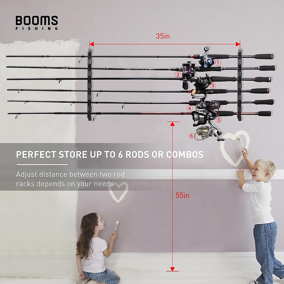 Booms Fishing WV5 Horizontal Fishing Rod Holders for Garage, Wall Mounted Fishing Rod Rack, Kayak Fishing Pole Holder and Rack, Store Up to 6 Rod and Reel Combo in 14.6"