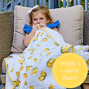 LollyBanks Muslin Baby Quilt, 100% Cotton Baby Blanket for Boys and Girls, Large 47 x 47 Inches Versatile Crib Blanket, 6 Layers Newborn Blanket, Durable Baby Bedding, Registry (Sunny Lemon Print)