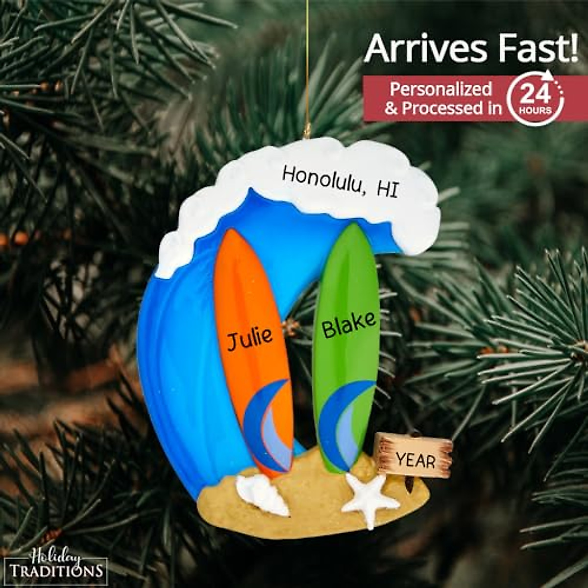 Personalized Couple Christmas Ornaments 2023 - Fast & Free 24h Customization – Surfing Big Wave in Beach Christmas Decorations with Name - Comes Gift-Wrapped