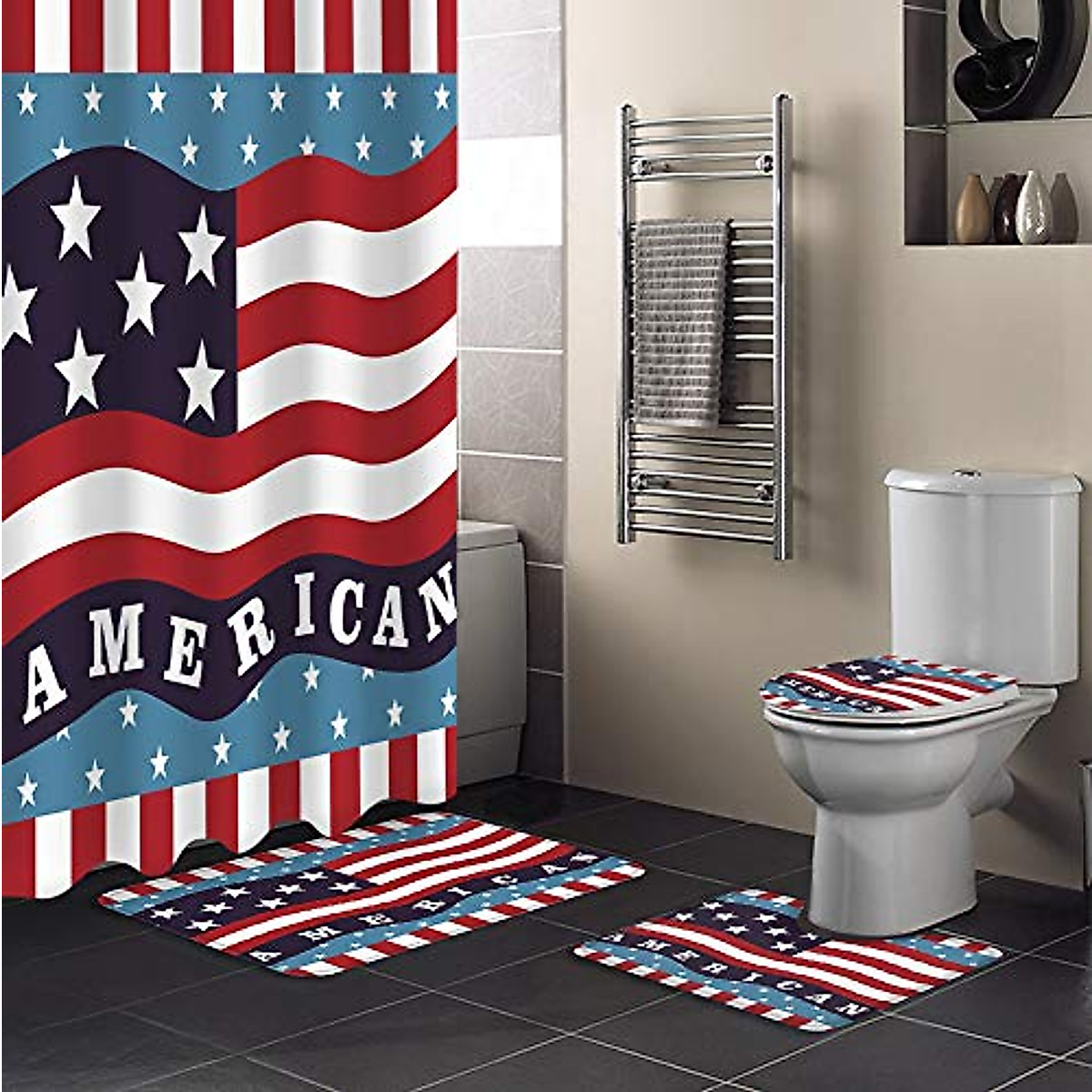 4PCS Bathroom Set Independence Day 4th of July Shower Curtain Sets with Non-Slip Rugs Toilet Lid Cover and Bath Mat Embroidery American Flag Stars and Stripes Simple Bath Curtains with 12 Hooks