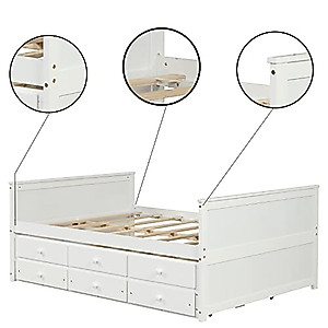OUYESSIR Full Captains Bed with Trundle and Storage Drawers, Full Trundle Bed with 3 Storage Drawers, Full Day Bed with Trundle Bed, Solid Wood Full Size Captains Bed for Kids Teens and Adults (White)