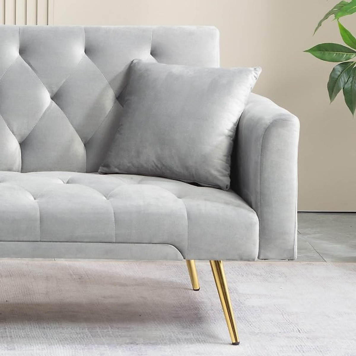 RIDFY Velvet Sofa Bed Futon with 2 Pillows, Modern Convertible Sleeper Couch, Folding Upholstered Recliner Loveseat, 3-Angle Adjustable, 2-in 1Memory Foam Living Seat for Office Studio (Grey)