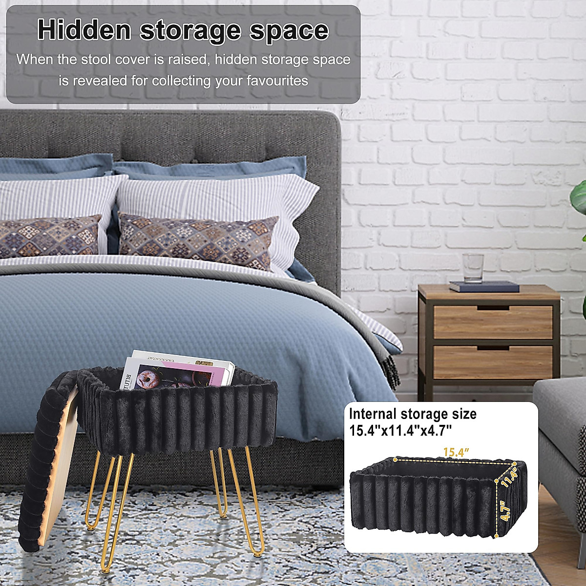 AKOZLIN Velvet Storage Ottoman Seat Modern Soft Vanity Stool Chair with 4 Gold Metal Legs for Makeup,Drawing,Living Room-Black 16.5" W x 13.4" D x 19.3" H