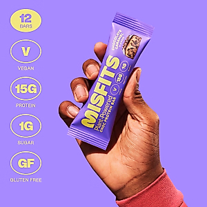 Misfits Vegan Protein Bar, Variety Pack, Plant Based Chocolate High Protein Snacks with 15g Per Bar, Low Sugar, Low Carb, Gluten Free, Dairy Free, High Fiber, Non GMO, 4 Flavor 12 Pack