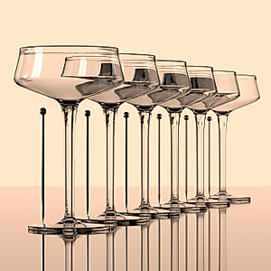 LOUVOR Champagne Coupe Glasses Set of 6-8oz Hand Blown Crystal Martini Glasses with 6 Stainless Steel Cocktail Picks - Versatile Tall Cocktail Glasses & Vintage Cocktail Glasses for Martini & More