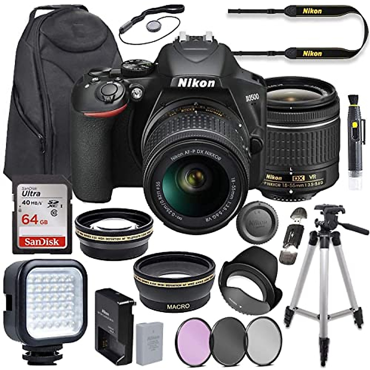Nikon D3500 DSLR Camera Video Kit with AF-P 18-55mm VR Lens + LED Light + Deluxe Backpack + 64GB Memory + Professional Photo Accessories (19 Items) (Renewed)