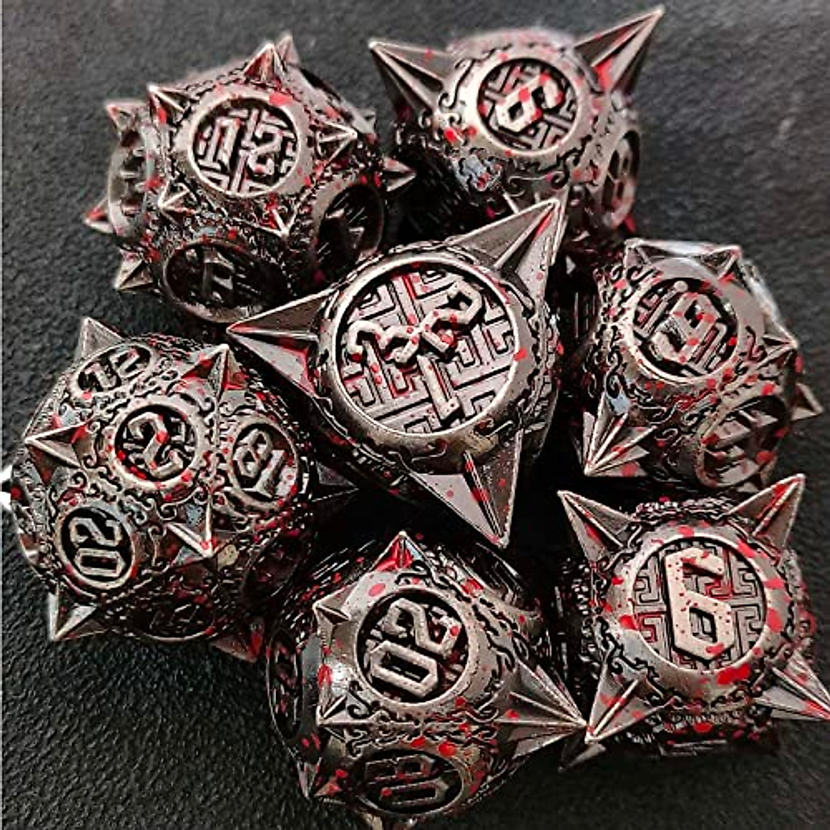 Metal DND Dice Set, Round Tip Dice 7 Polyhedral Dice, Mtg Pathfinder D20 Set for Rpg Roleplaying Dice Game D20 Free Leather Storage Bag Bloodstains