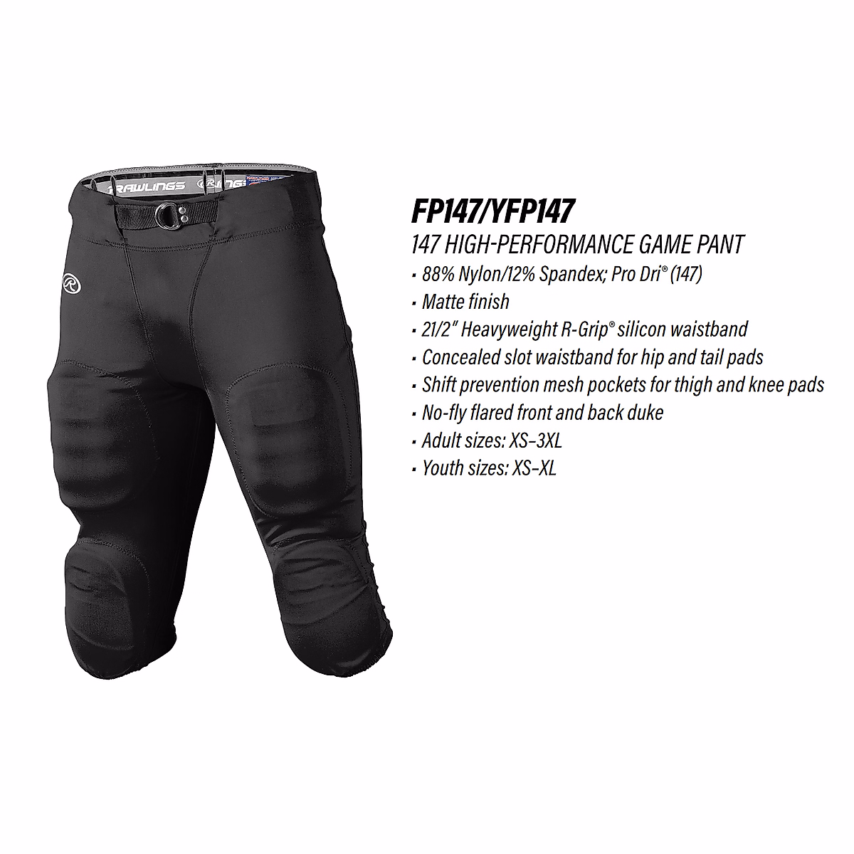 Miken Rawlings | FP147 High Performance Football Pants | Practice/Game Use | Youth Sizes | Multiple Colors, Graphite, X-Small