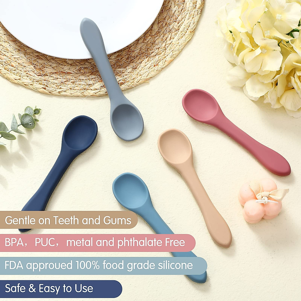 5 Pieces Baby Spoons Silicone Baby Spoons Infant Baby Feeding Spoons Soft Silicone Baby Spoons Bendable Baby Food Spoon Toddler Training Spoon for Infant Kids Toddlers Children Baby Gift
