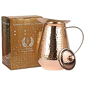Pure Copper Water Pitcher with lid, 100% Solid Copper Jug, Capacity 70 Oz, Copper Hammered Vessel, Copper Carafe For Ayurveda Health, Healing Benefit, Home, Hotel & Gifting