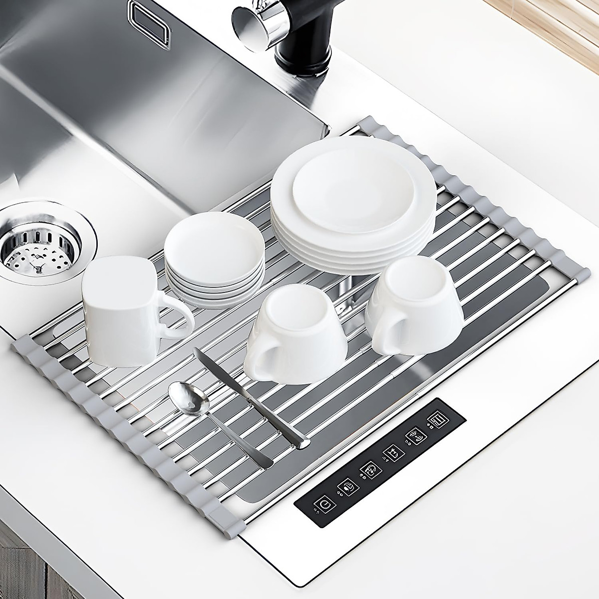 Sindax Roll Up Dish Drying Rack, 23‘’x13'' Stretchable Stainless Steel Over The Sink Dish Rack Multifunctional Foldable Over Sink Rack with Utensil Holder for Kitchen