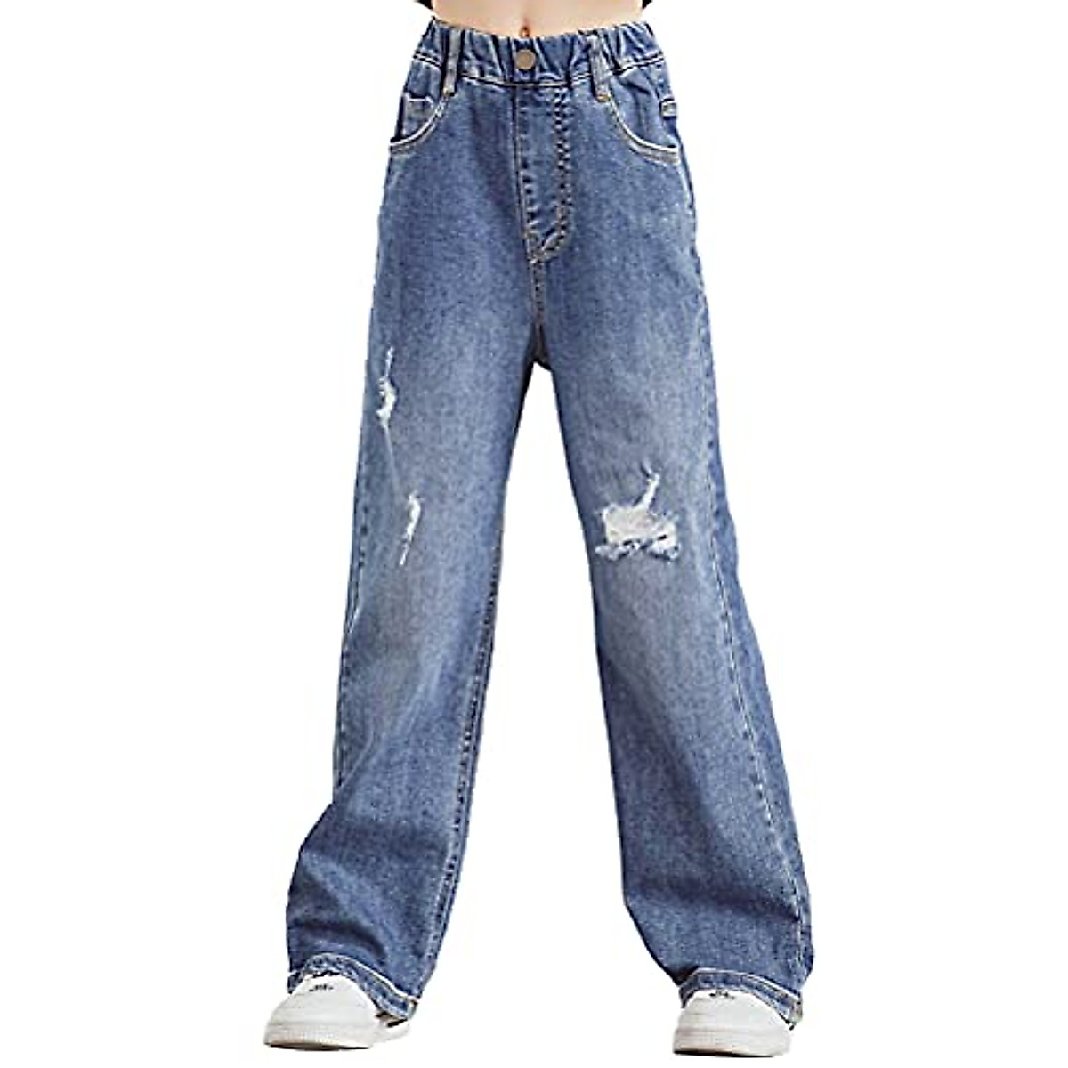 Aislor Girls Ripped Jeans Distressed Denim Pants Kids Washed Elastic Waist Straight Leg Jeans Baggy Wide-Leg Trousers Blue B Retro 9-10 Years