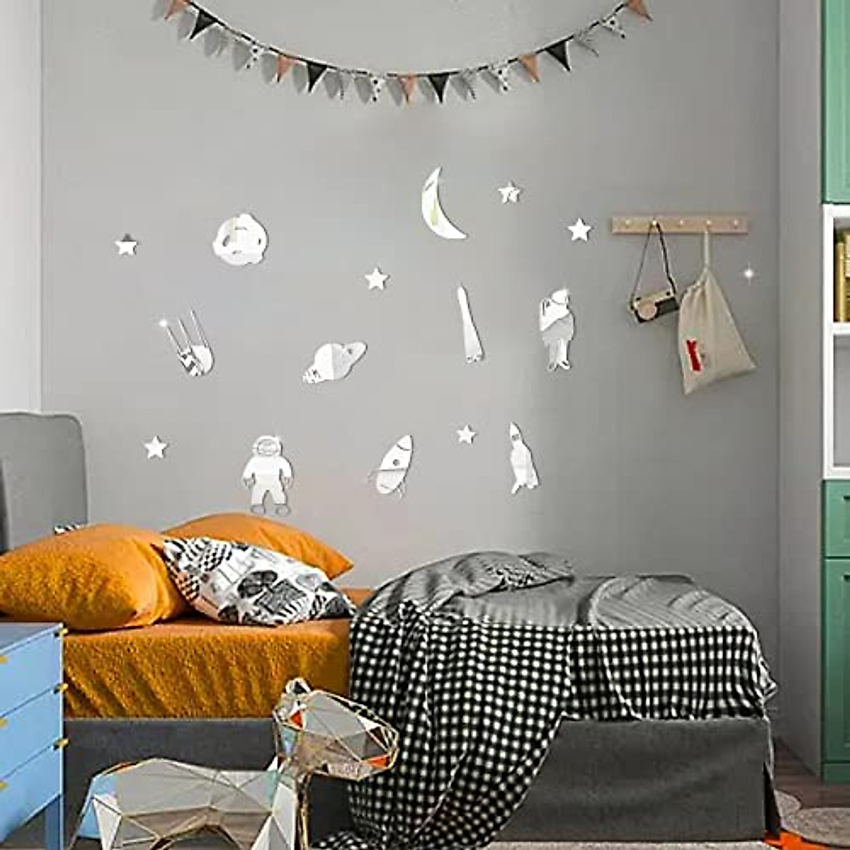 14Pcs Astronaut Space Rocket Mirror Wall Decal Stickers, Outer Space Planet Wall Decals, 3D Acrylic Space Bedroom Decor, Spaceman Spacecraft Vinyl Wall Art DIY for Boys Girls Room, Silver