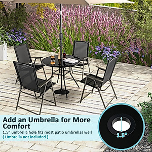 Tangkula 34 Inch Patio Dining Table, Round Tempered Glass Table with 1.5” Umbrella Hole, Heavy-Duty Metal Frame, Outdoor Metal Dining Table for Garden, Balcony, Porch