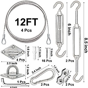NQN 48 PCS T304 6 Inch Hardware Kit for Square & Rectangle Sun Shade Sail Canopy Awning Installation Installation Complete Set, 48 Ft (12'x4) Extension Cable Wire Rope, 304 Stainless Steel, Anti Rust
