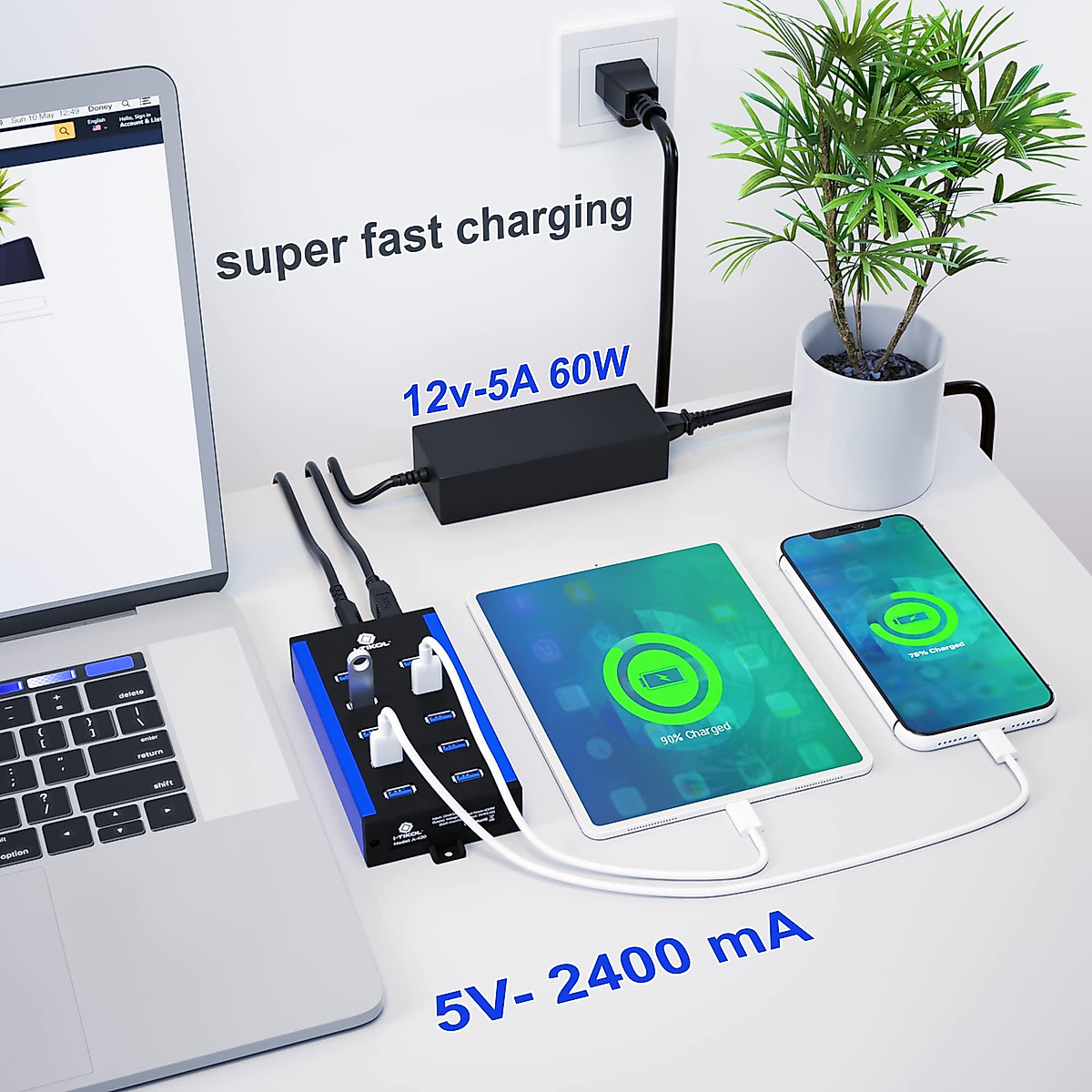 10 Ports Powered USB Hub - USB 3 0 Hub - USB Expander Hub 12V 5A 60W 2.4mA Power Adapter - up to 5Gbps High-Speed USB Splitter - Aluminum Alloy Multiple USB Port Hub for Laptop Phone Tablet PC