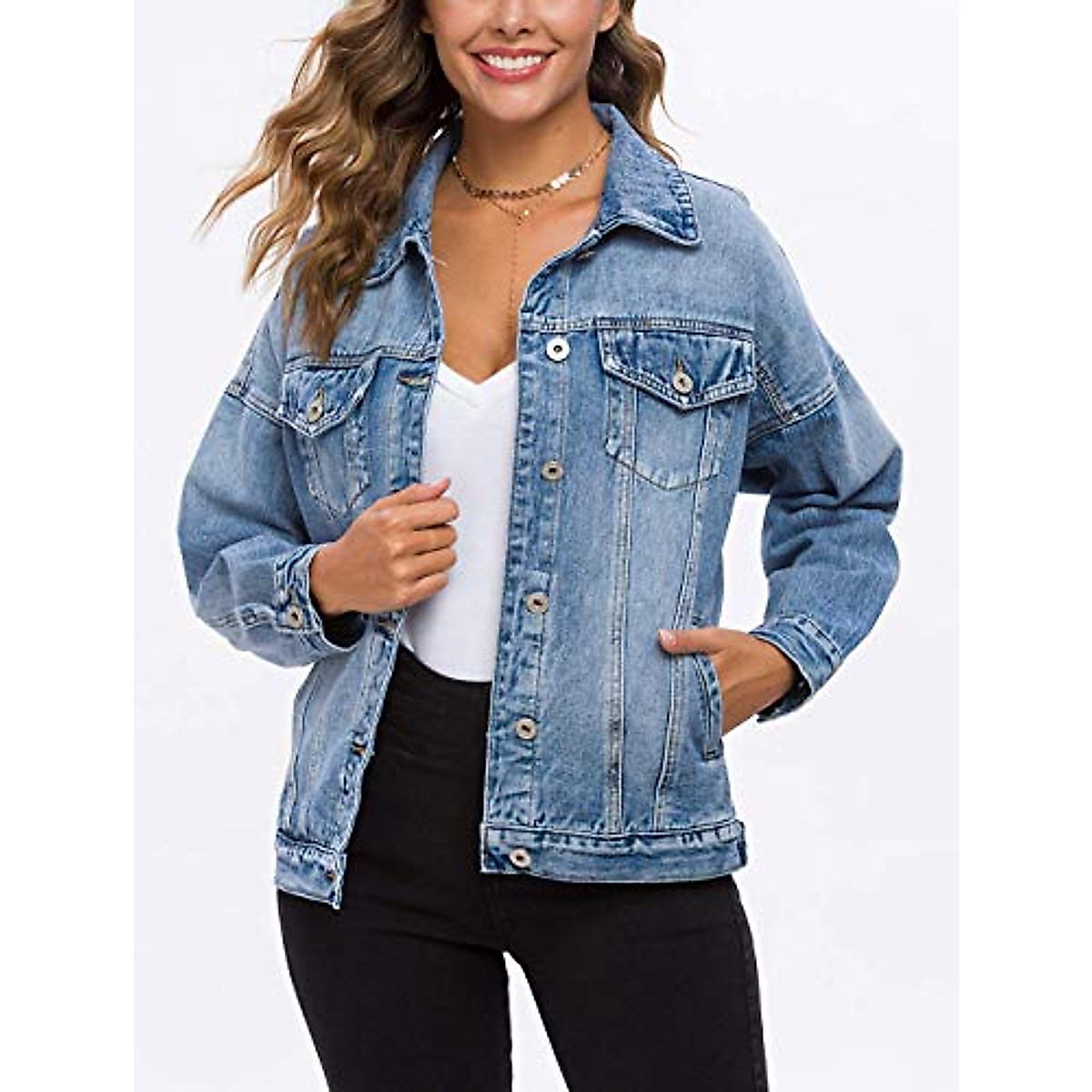 Cantonwalker Women's Oversize Vintage Washed Boyfriend Denim Jacket Long Sleeve Classic Loose Jean Trucker Jacket 003 (Light Blue Washed, L)…