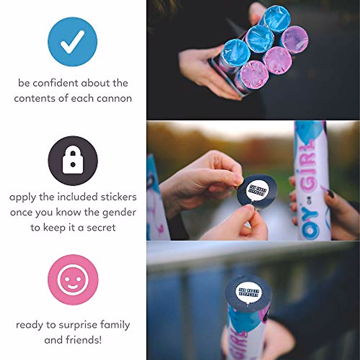 (3 Blue & 3 Pink) Baby Gender Reveal Powder Cannon with Holi Powder | TUR Party Supplies | No Mess 100% Biodegradable | 12 inch | Confetti Popper Sticks for Baby Boy or Girl Gender Reveal Decorations & Game Ideas