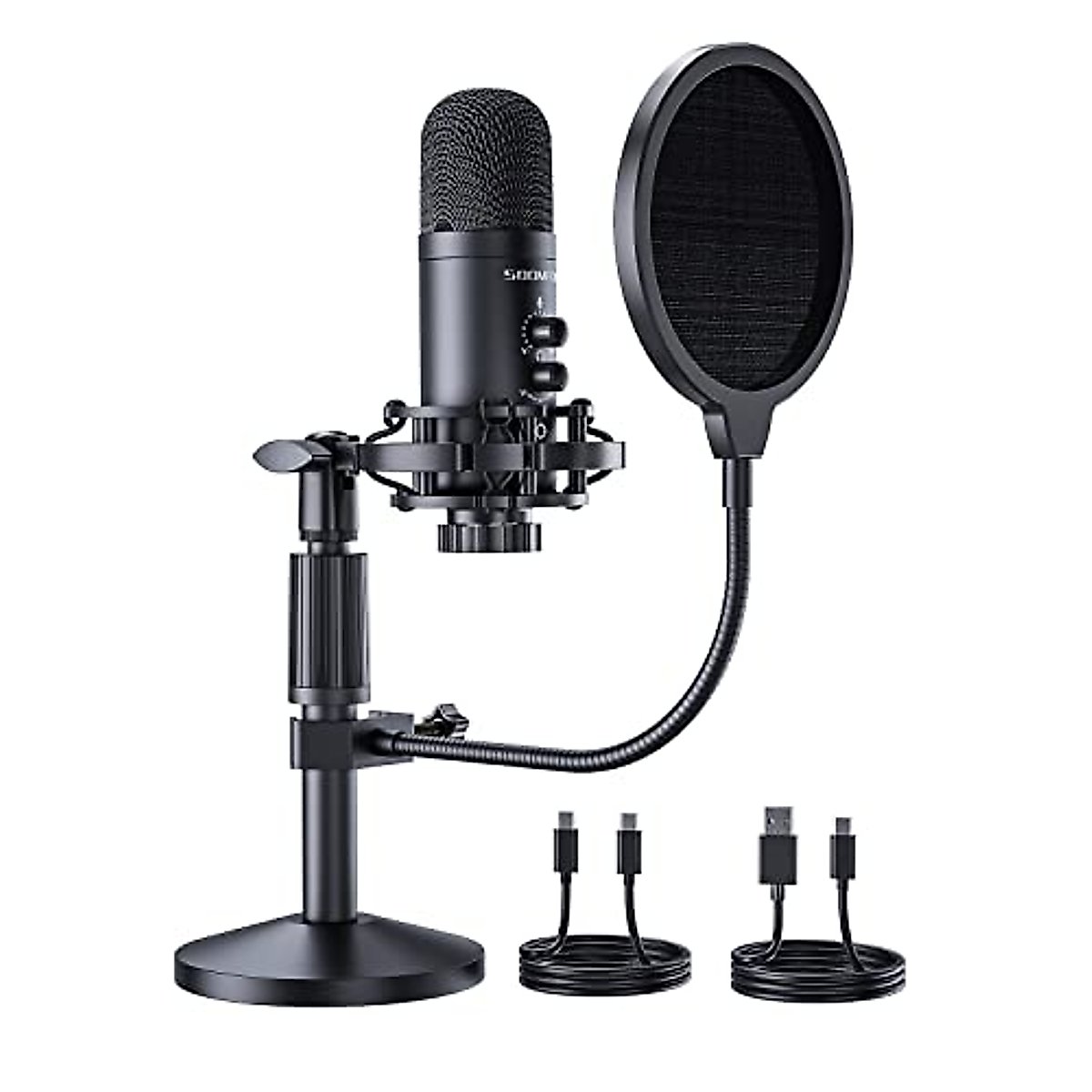 SOOMFON USB Computer Microphone Condenser Podcast Microphone for PC, Recording, Gaming, Streaming, Upgraded Mic with Height Adjustable Stand, Headphone Output, Gain and Volume Knob