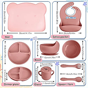 Newtay 8 Pack Baby Feeding Eating Supplies Silicone Suction Divided Plate Bibs Bowl Placemat Spoon and Fork Cup with Straw Tableware Set for Toddler (Dark Pink), 1.0 Count