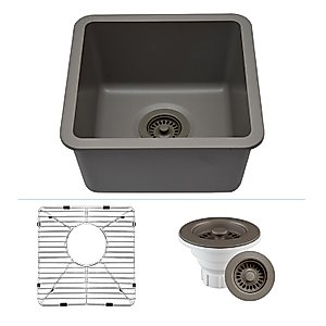 15" x 15" Quartz Kitchen Sink, Single Bowl Kitchen Sinks, Drop in Kitchen Sink, Granite Composite Kitchen Sink, Undermount Sink, Galaxy Concrete Kitchen Sink, with Grid, Strainer, Flange, LP-1515-C