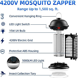 Jawlark Bug Zapper Outdoor with LED Light, 4200V Electric Mosquito Zapper, Insect Fly Zapper Outdoor Indoor, 5ft Power Cord, IPX6 Waterproof, Plug in Mosquito Killer for Patio Yard Home, Black
