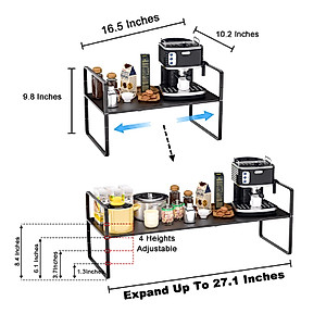 GEDLIRE Expandable Kitchen Cabinet Shelf Organizers 2 Pack, Stackable Metal Pantry Storage Shelves Rack, Adjustable Counter Shelf for Cabinets, Countertop, Cupboard Organizers and Storage, Black