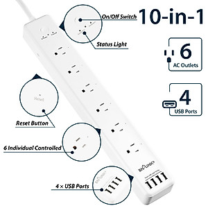 BN-LINK 8 Outlet Surge Protector with Mechanical Timer (4 Outlets Timed, 4 Outlets Always On),6.6FT Extension Cord Flat Plug, White Surge Protector Power Strip with 6AC Outlets 4 USB Ports