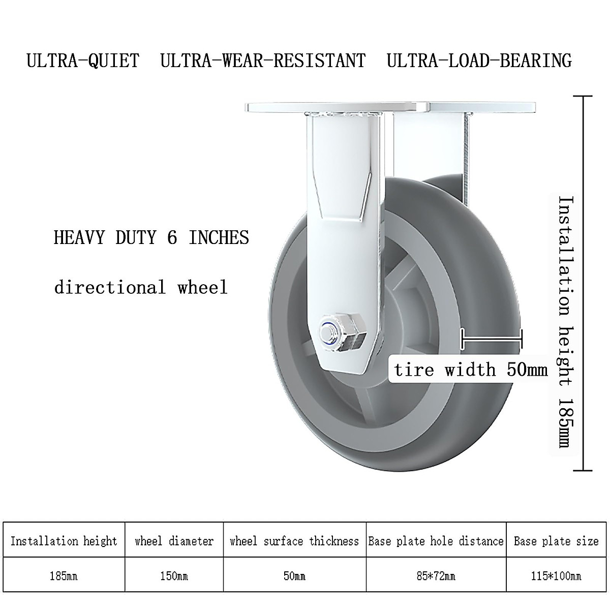 Load Capacity 750Kg Heavy Duty Casters, 6 Inch Caster Wheels, Casters Set of 4 Wheels Directional-Swivel-Brake Casters, Industrial/Workbench/Cart Casters Rubber-Silent(Fixed)