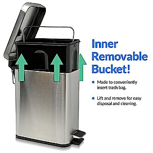 Reli. Small Trash Can with Lid, 1.3 Gallon (5 Liter) | Stainless Steel (Silver) | Small Bathroom Trash Can | Step Pedal Garbage Can with Removable Bucket, Kitchen | Rectangular Metal Trash Bin