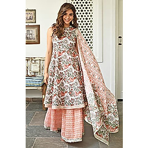 Janasya Indian Women's White Cotton Floral Block Print Kurta with Sharara and Dupatta(J0472-KR-SHA-L)