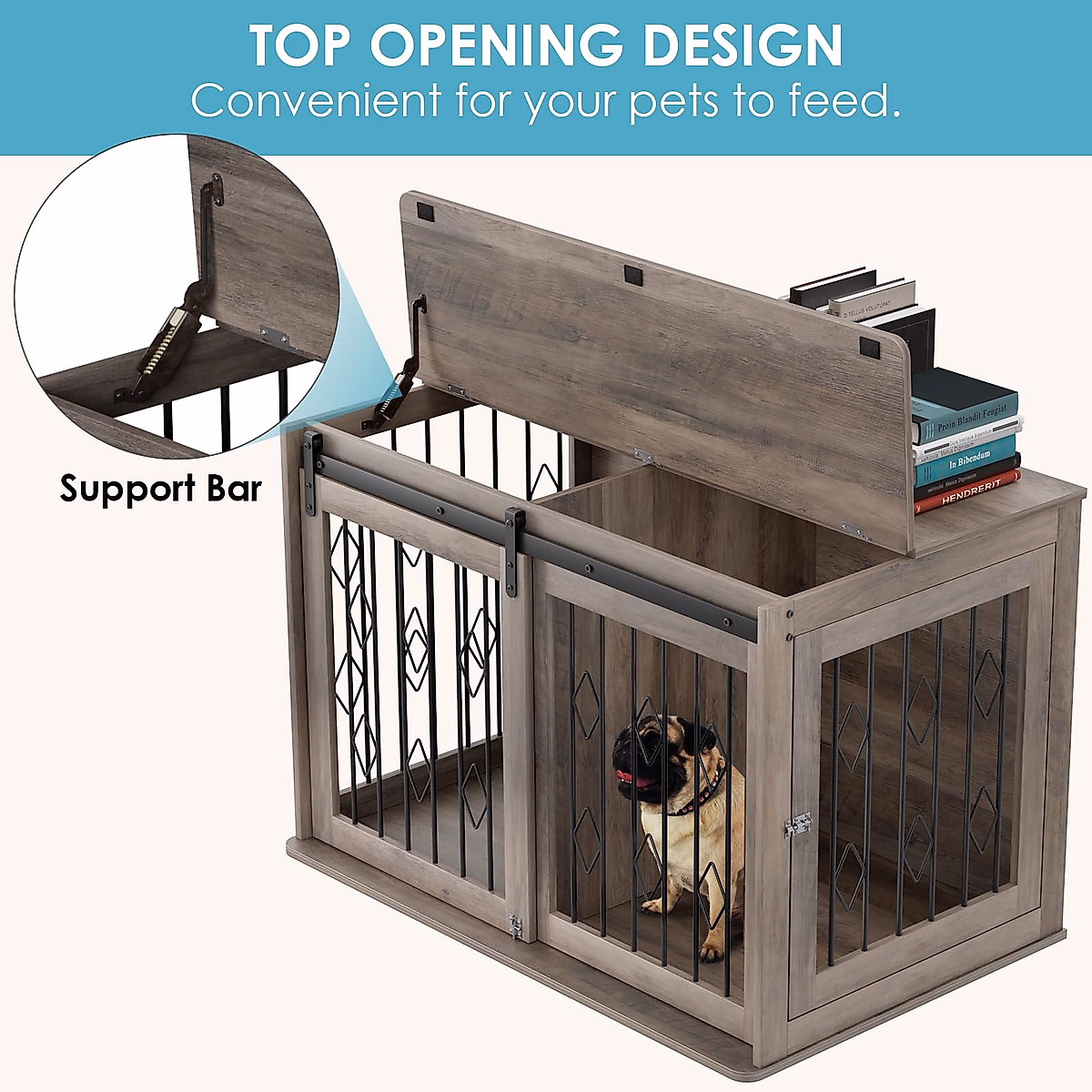 Clevich Large Dog Crate Furniture w/Sliding Barn Door, Wooden Indoor Dog Kennel w/Flip-top, 39.4'' Heavy Duty Modern Puppy Dog Cage End Table w/Detachable Divider for Small/Medium Pets (Oak Grey)