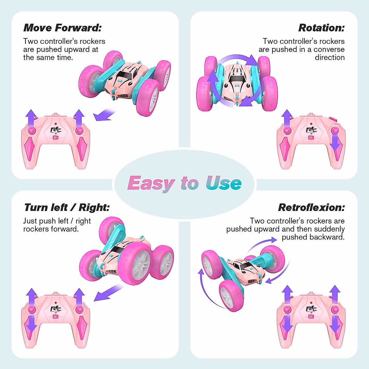 Remote Control Car, Hand Remote RC Cars, 90 Min Playtime, 2.4Ghz Double Sided 360° Rotating RC Crawler with Lights, 4WD Off Road Drift RC Stunt Race Car Gift Toy for Boys and Girls Aged 6-12 Pink