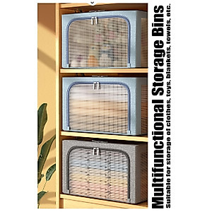 AARAINBOW Closet Clothes Organizer 4 Pcs, Stackable Storage Bins with Clear Window & Handles Steel Frame Storage Boxes with Lids Foldable Storage Container for Clothes Toys, 24L (2 Gray 2 blue)