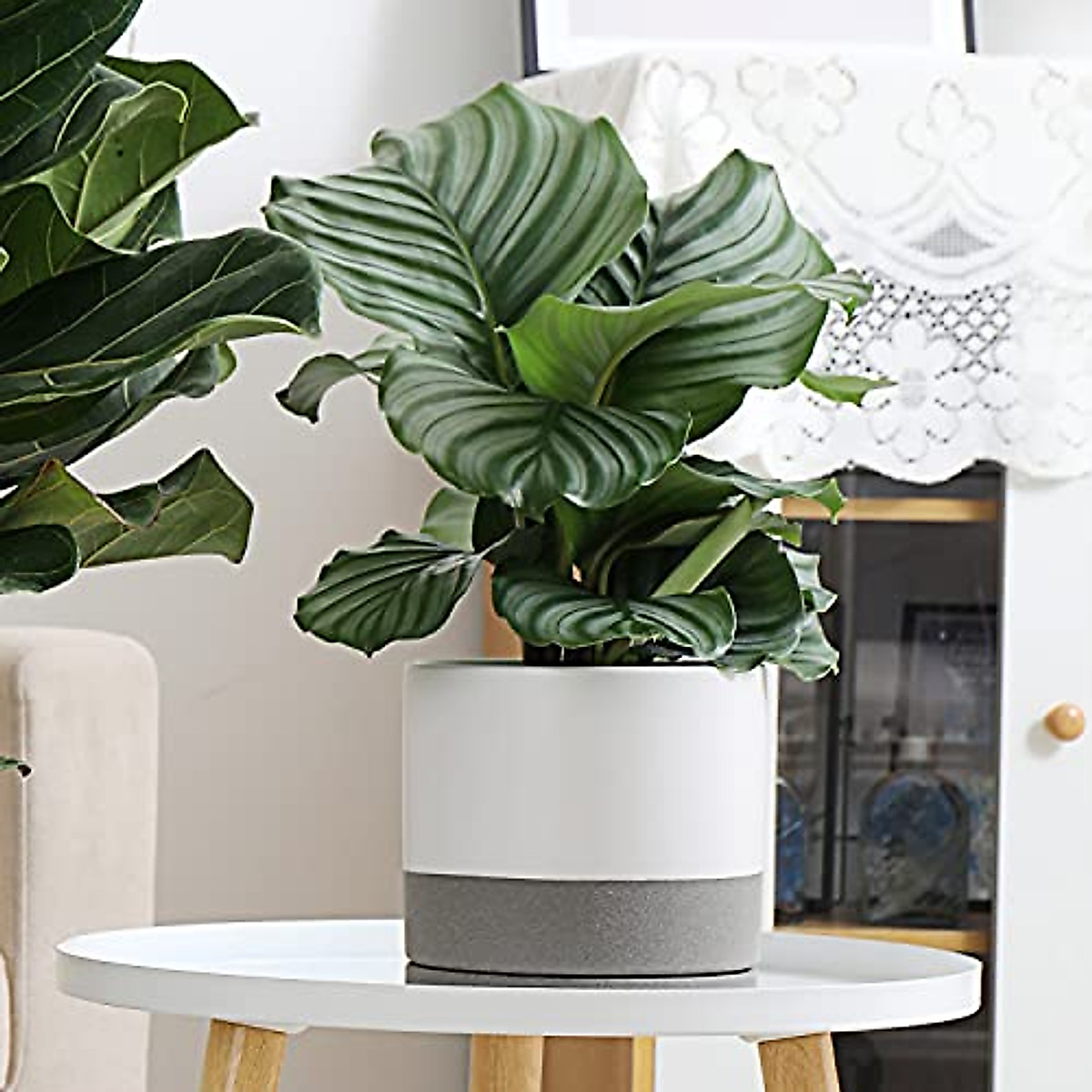 UMIAMOY 6inch Modern Cylinder Matte Ceramic Planter Pot with Drainage Hole and Saucer, Planter Pot for Indoor Outdoor Plants Flowers, White/Gray
