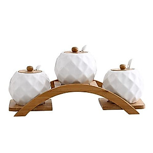 Ceramics Seasoning Box Set Durable 3pcs/Set White Creative Design Condiment Pots with Lid and Spoon for Sugar Coffee Salt Spices and Pepper