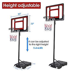 Ochine Portable Basketball System Backboard Adjustable Height 5.4FT-6.8FT, Basketball Equipment with 33 Inch Backboard and Wheels Youth Kids Outdoor Indoor Basketball Goal Game (Ship from USA)