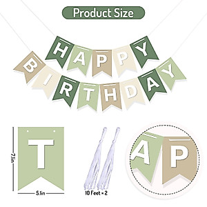 JarThenaAMCS Sage Green Happy Birthday Banner Birthday Theme Ivory Brown Hanging Banner Handmade Party Bunting Garland for Birthday Party Tea Party Baby Shower Home Nursery Backdrop Decor