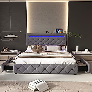 Full LED Bed Frame with Drawers, Upholstered Platform Bed Frame Full Size with Adjustable Button Tufted Headboard and 2 USB Ports, Solid Wooden Slats Support, Dark Grey