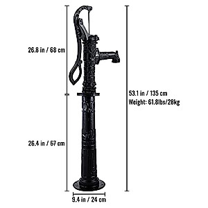 VEVOR Hand Water Pump Cast Iron, Vintage Pitcher Pump & Pump Stand 26‘’ Height, Max 20ft Pump Depth, Easy Installation, Heavy-duty Well Pump, Antique Pitcher Water Pump for Yard, Garden, Farm, Black
