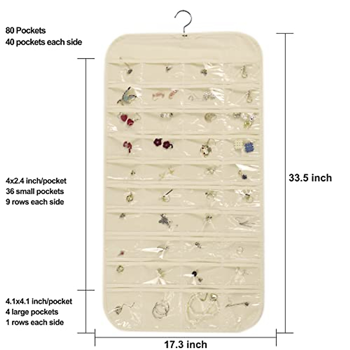 KIMCHOMERSE Hanging Jewelry Organizer Double Sided 80 Pockets Jewelry Storage Holder Bag for Home and Travel to Organize Necklaces Bracelets Earrings Rings Chains Hairpin Headband - Beige