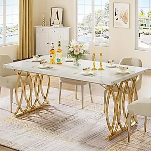 LITTLE TREE Modern Dining Table for 4-6 People, 63" Large Rectangular Kitchen Table with Faux Marble Tabletop and Geometric Legs, Unique Dinner Table Kitchen & Dining Room Furniture