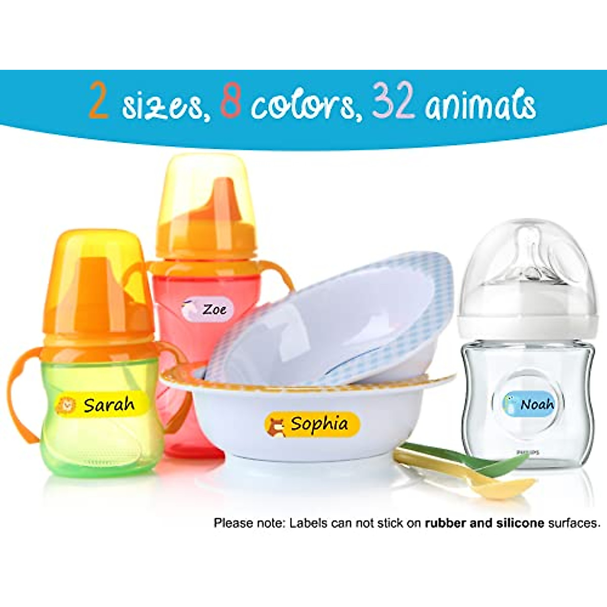 Baby Daycare Bottle Bag Labels, Self-Laminating, Waterproof Write-On Name Stickers, Assorted Sizes & Colors, Pack of 64