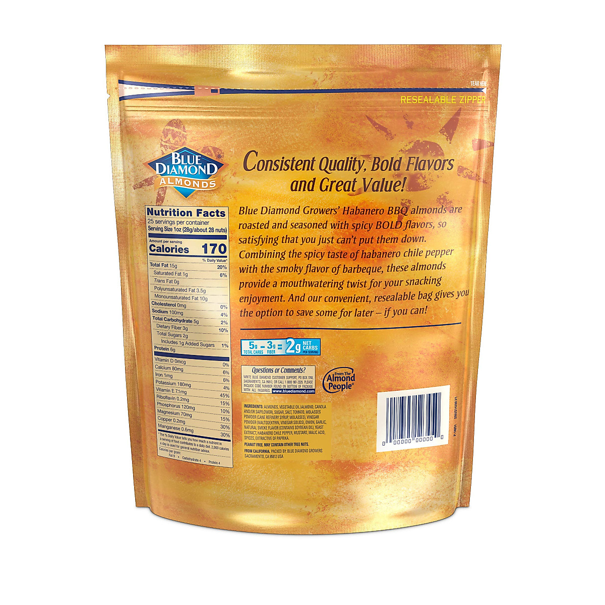 Blue Diamond Almonds Habanero BBQ Flavored Snack Nuts, 25 Oz Resealable Bag (Pack of 1)