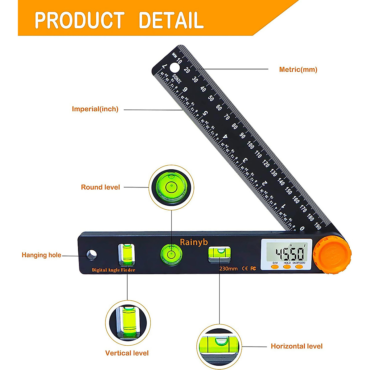 Rainyb Digital Angle Finder Tool 7inch 0-360 degree LED Digital Protractor with Horizontal Vertical Bubble Levels and Ruler Meter Accurate Tools for Carpenters,Woodworkers,Fabricators