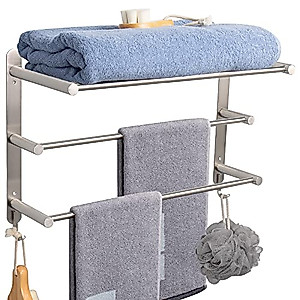 NearMoon Bathroom 3 Tier Towel Shelf- Premium SUS304 Stainless Steel Towel Rack with Double Towel Bar Space Saving Towel Hangers Bath Storage Organizer Accessory Wall Mounted (24 Inch, Brushed Nickel)