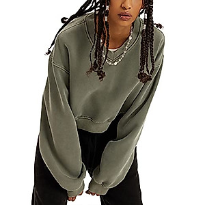 Sweatshirt for Women Acid Wash Athletic Hoodies Heritage Fleece V-neck Long Sleeve Hoodie Y2K Crop Pullover Women Sweatshirt Cotton Fleece Lined Hoodies Workout Pullover Shirt Green-L