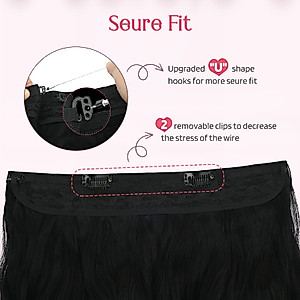 HOOJIH Wire Hair Extensions with 2 Removable Clips 20 Inch Wavy Curly Wire Hair Invisible Transparent Wire Extensions Hairpieces for Women - Black