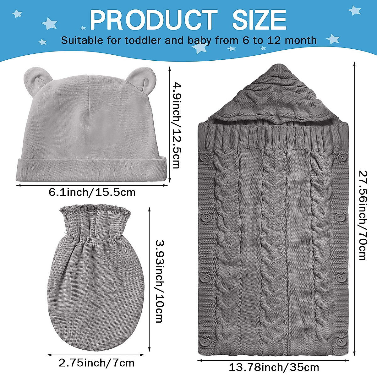 Zhanmai Newborn Baby Wrap Swaddle Blanket Knit Sleeping Bag Receiving Blankets Stroller Wrap Hat Mitten for Baby 9-12 Months